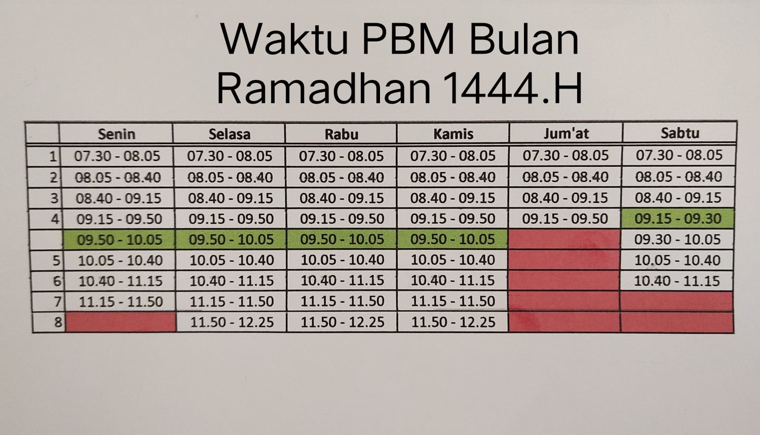 Penyesuaian Jam Pelajaran Bulan Ramadhan 1444 H – SMP NEGERI 1 BUMIJAWA